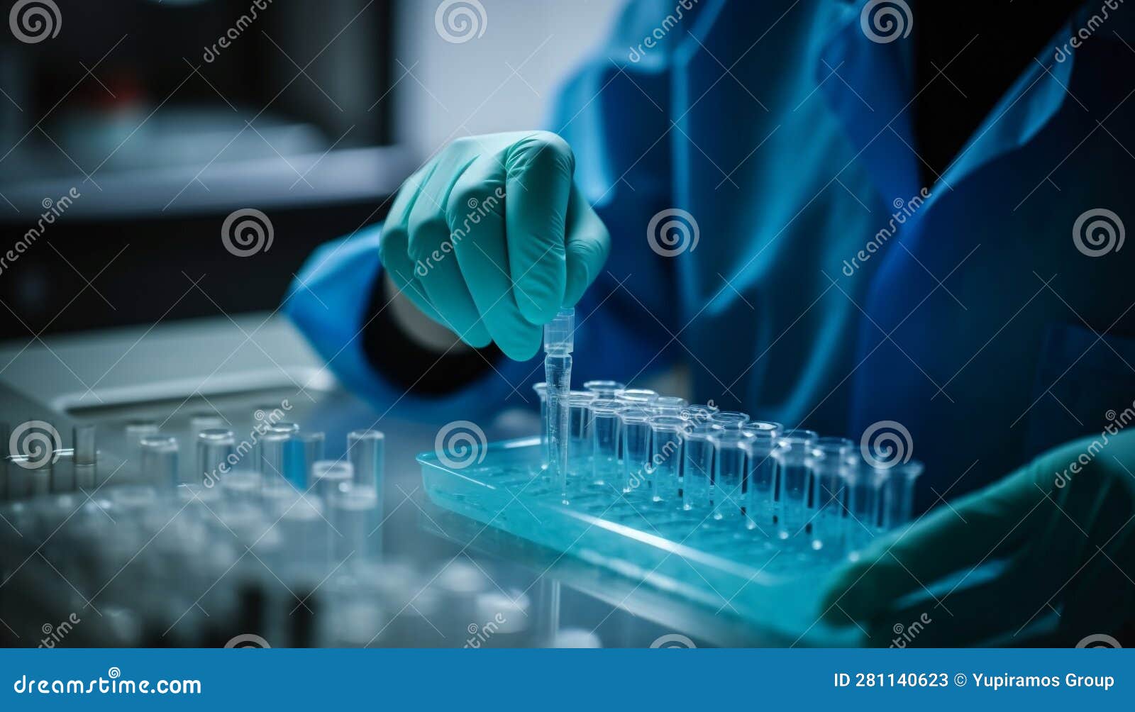 Scientist Analyzing Medical Sample with Blue Liquid in Laboratory ...