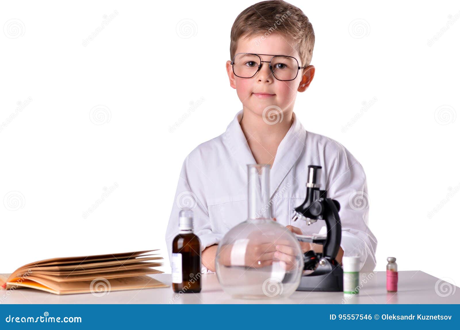 Scientist Boy at the Desk in Science Lab Stock Photo - Image of glasses ...