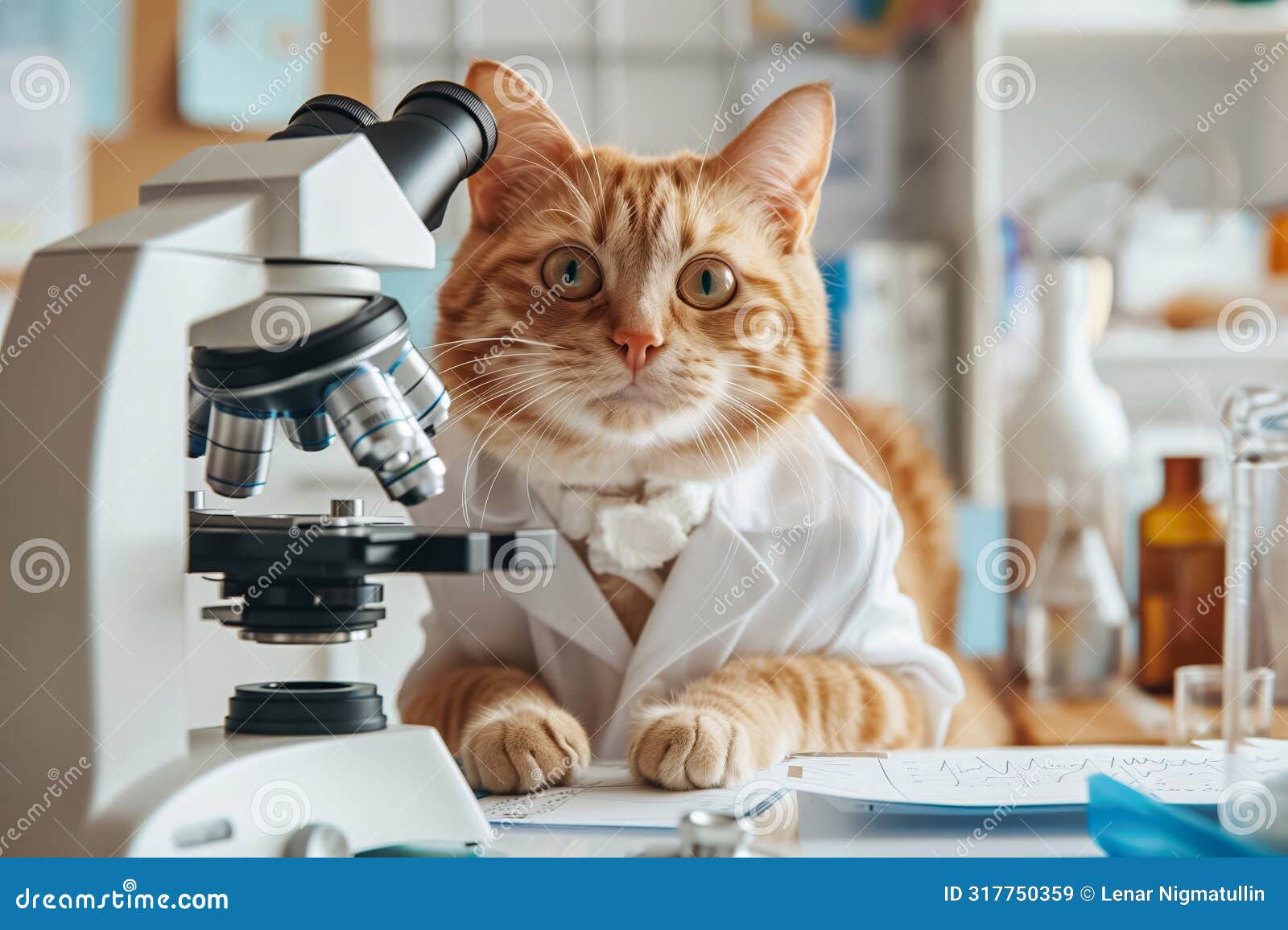 Scientist Cat with a Microscope in a Laboratory Wearing a Lab Coat Stock Image - Image of coat ...