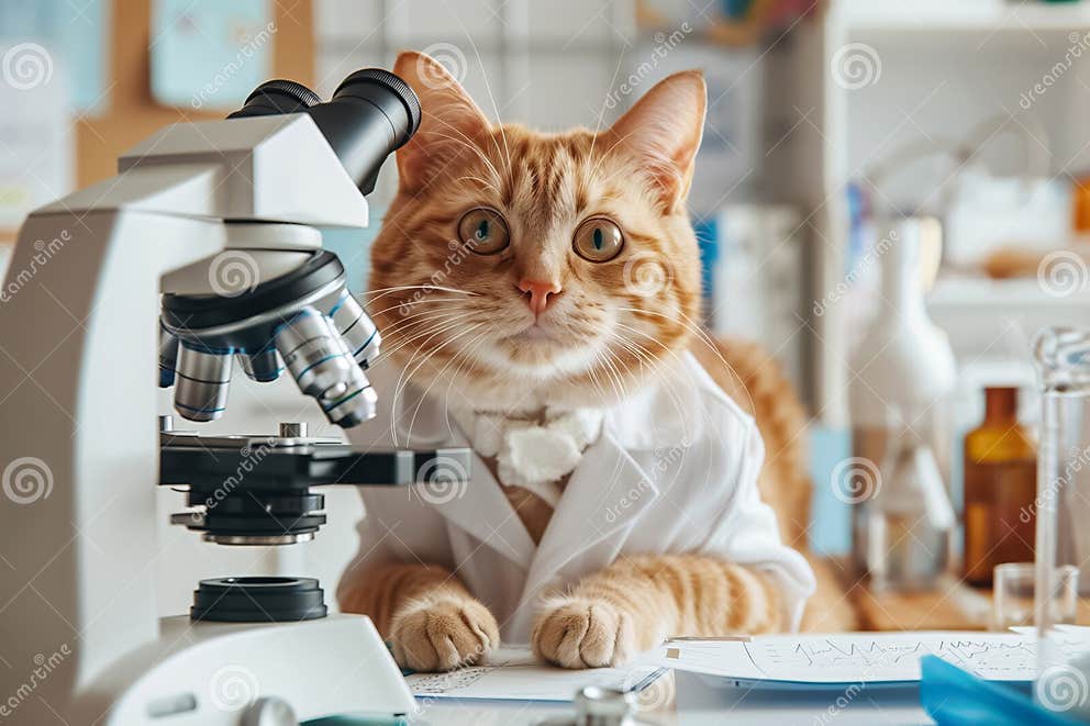 Scientist Cat with a Microscope in a Laboratory Wearing a Lab Coat ...