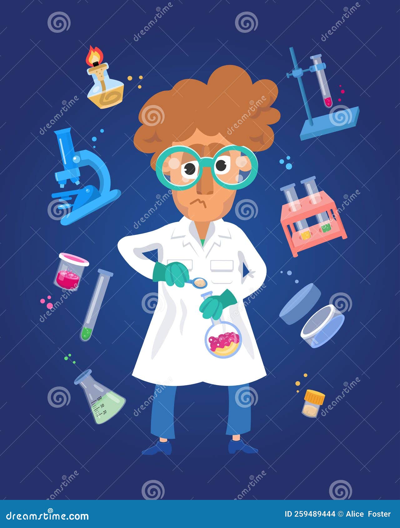 Scientist Chemist among the Objects. Microscope with Mirror in Cartoon ...