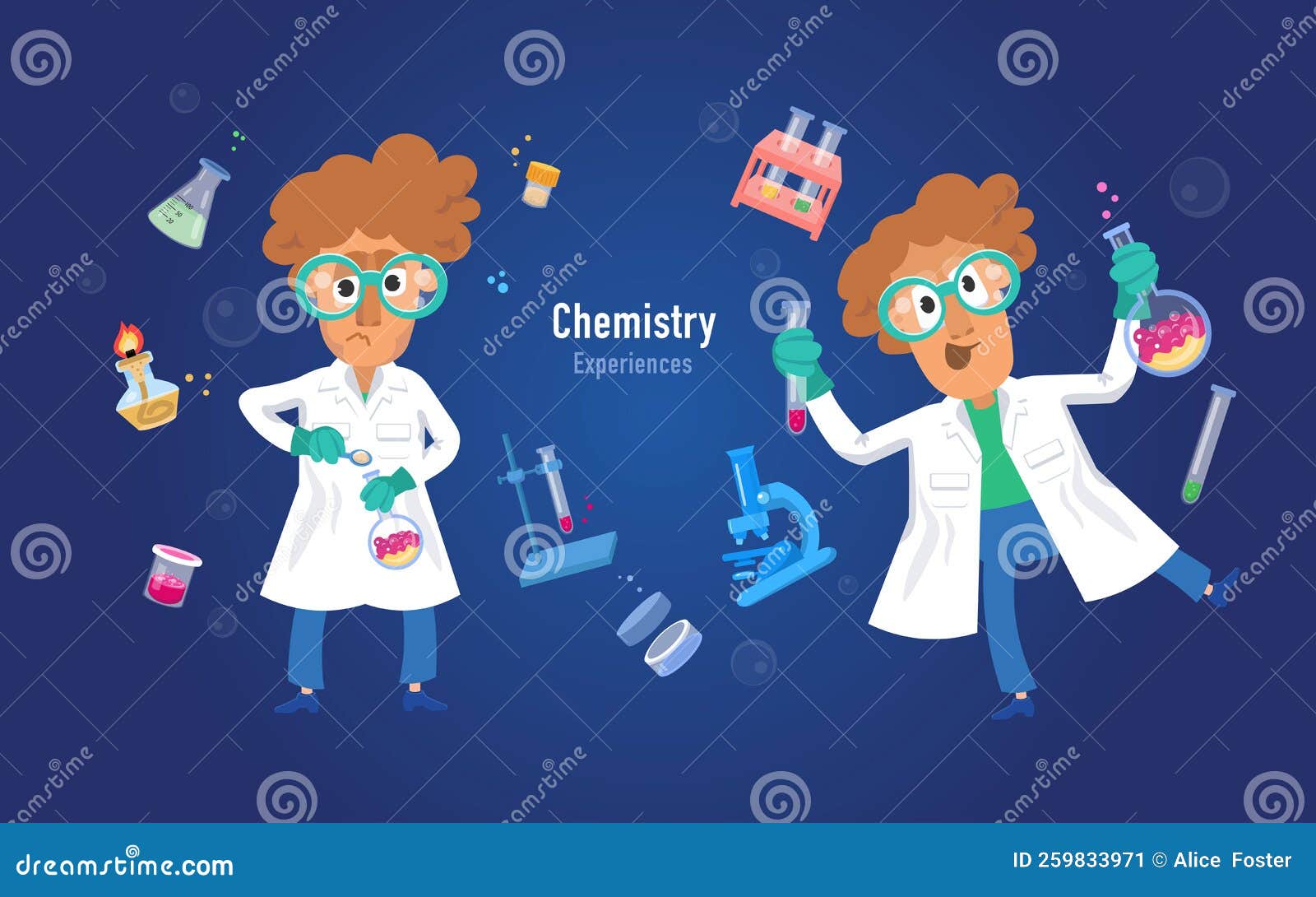 Scientist Chemist among the Objects. Microscope with Mirror in Cartoon ...