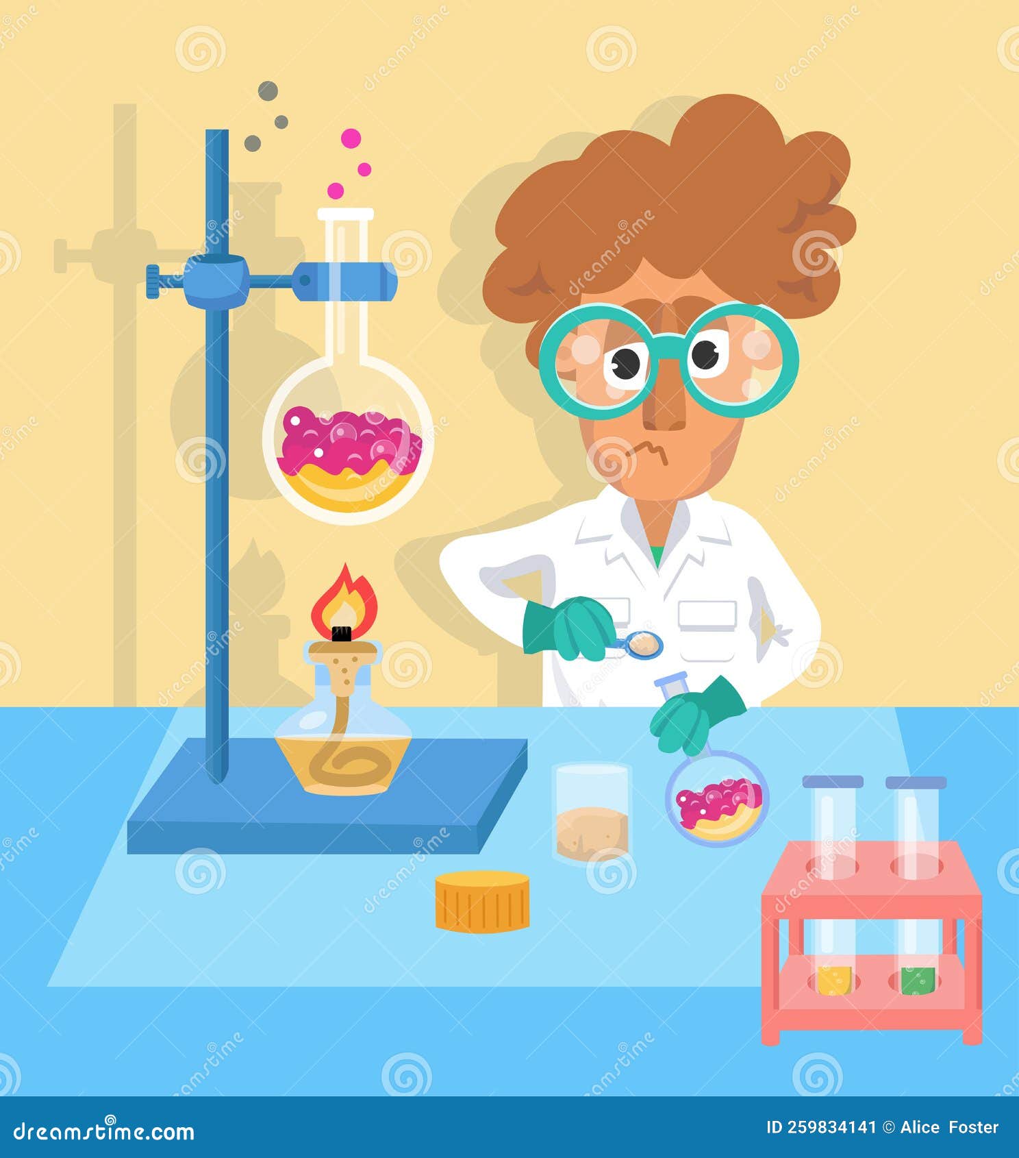 Scientist Chemist among Objects. Tools in Lab in Cartoon Flat Style ...