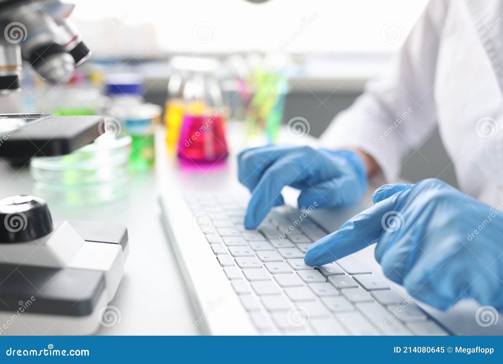Scientist Chemist Typing on Keyboard in Laboratory Closeup Stock Image ...