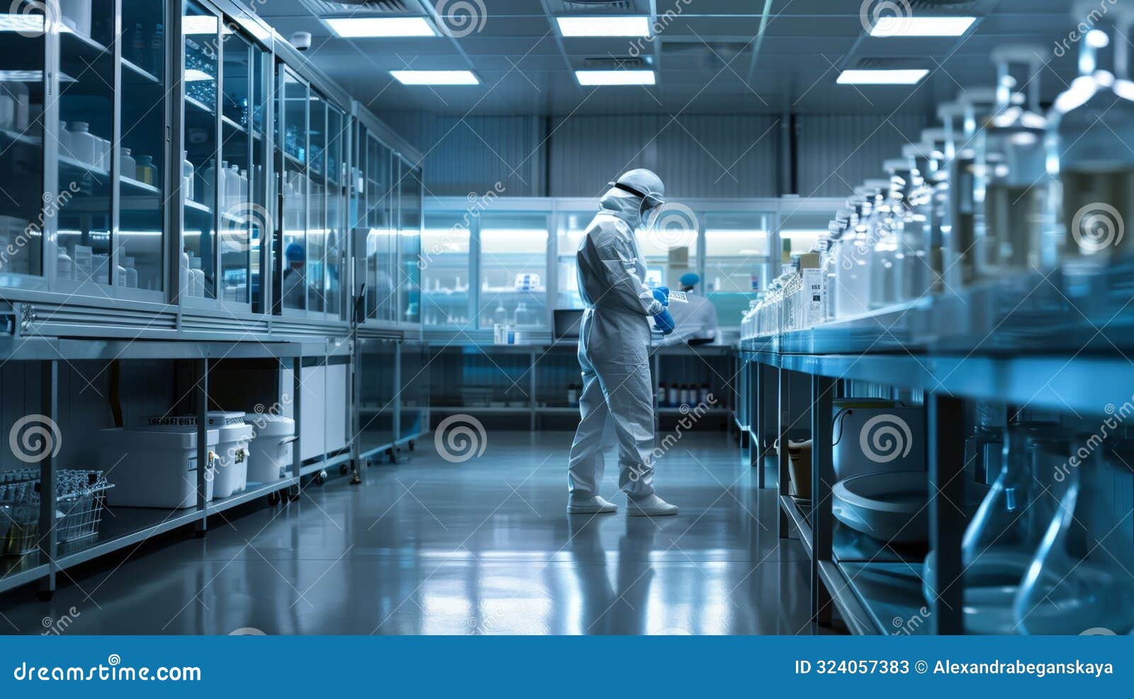 Scientist in Cleanroom Suit Analyzing Data in High-Tech Laboratory ...