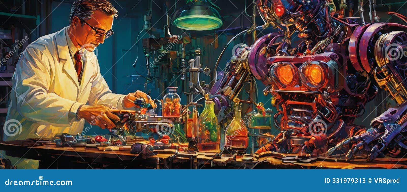 Scientist Collaborating with a Robot in a High-tech Laboratory Stock ...