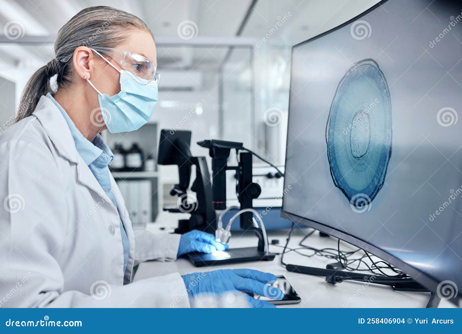 Scientist with Computer Screen, Digital Microscope and Ppe Analysis of ...