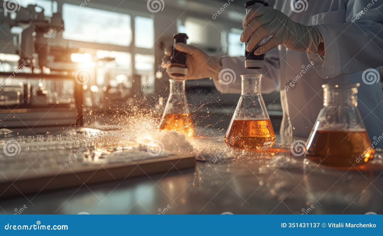 Scientist Conducting Experiment with Chemicals Causing Spark Reaction ...