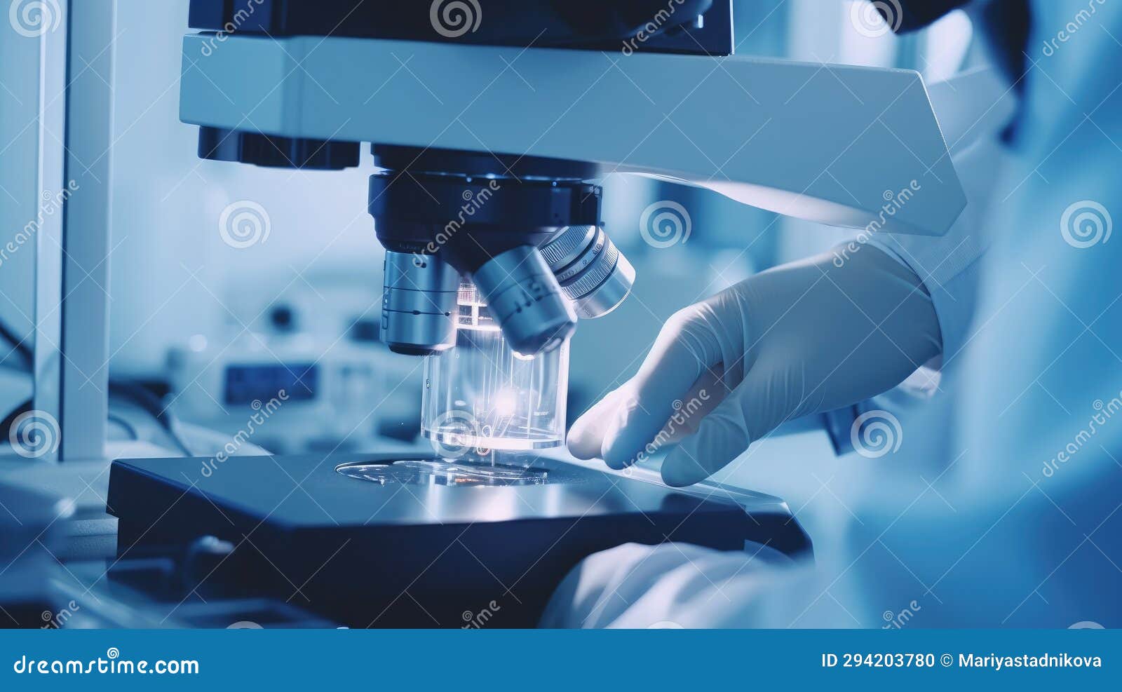 A Scientist Conducts a Research Under a Microscope. a Chemical ...