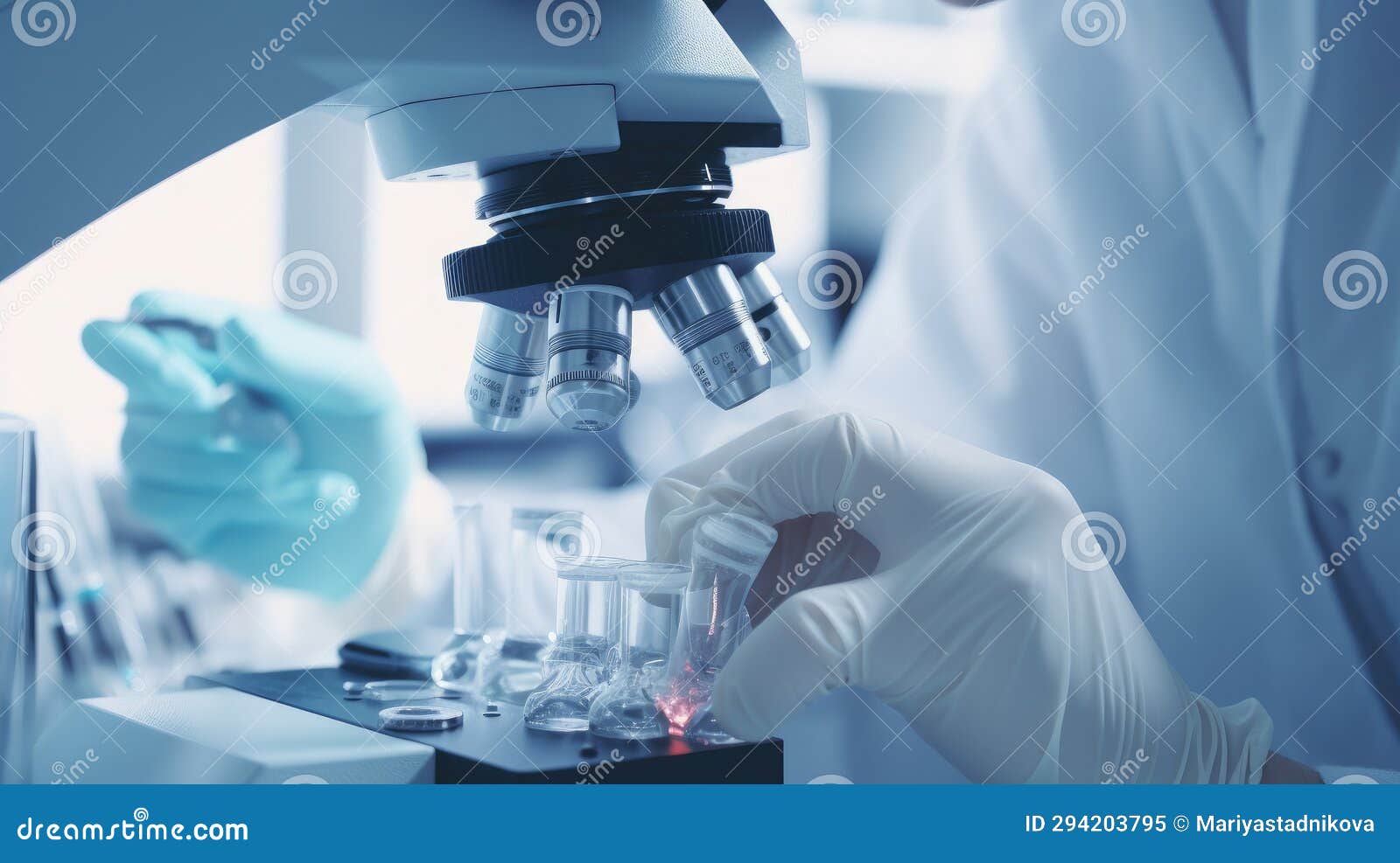 A Scientist Conducts a Research Under a Microscope. a Chemical ...