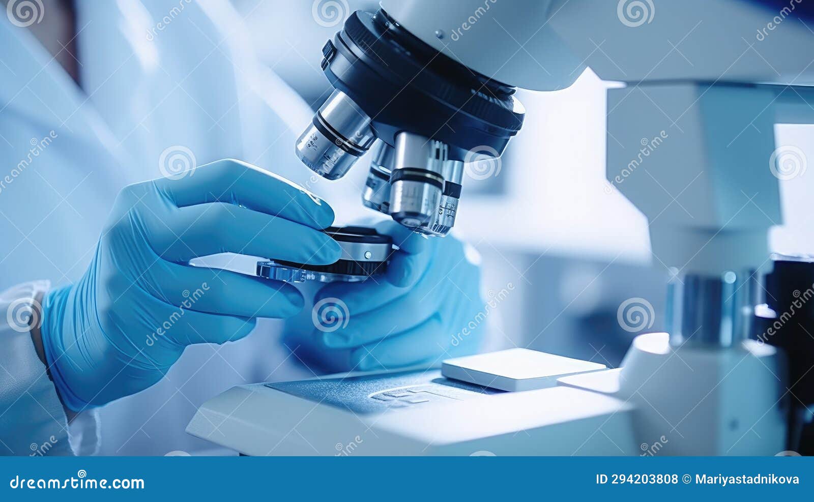 A Scientist Conducts a Research Under a Microscope. a Chemical ...
