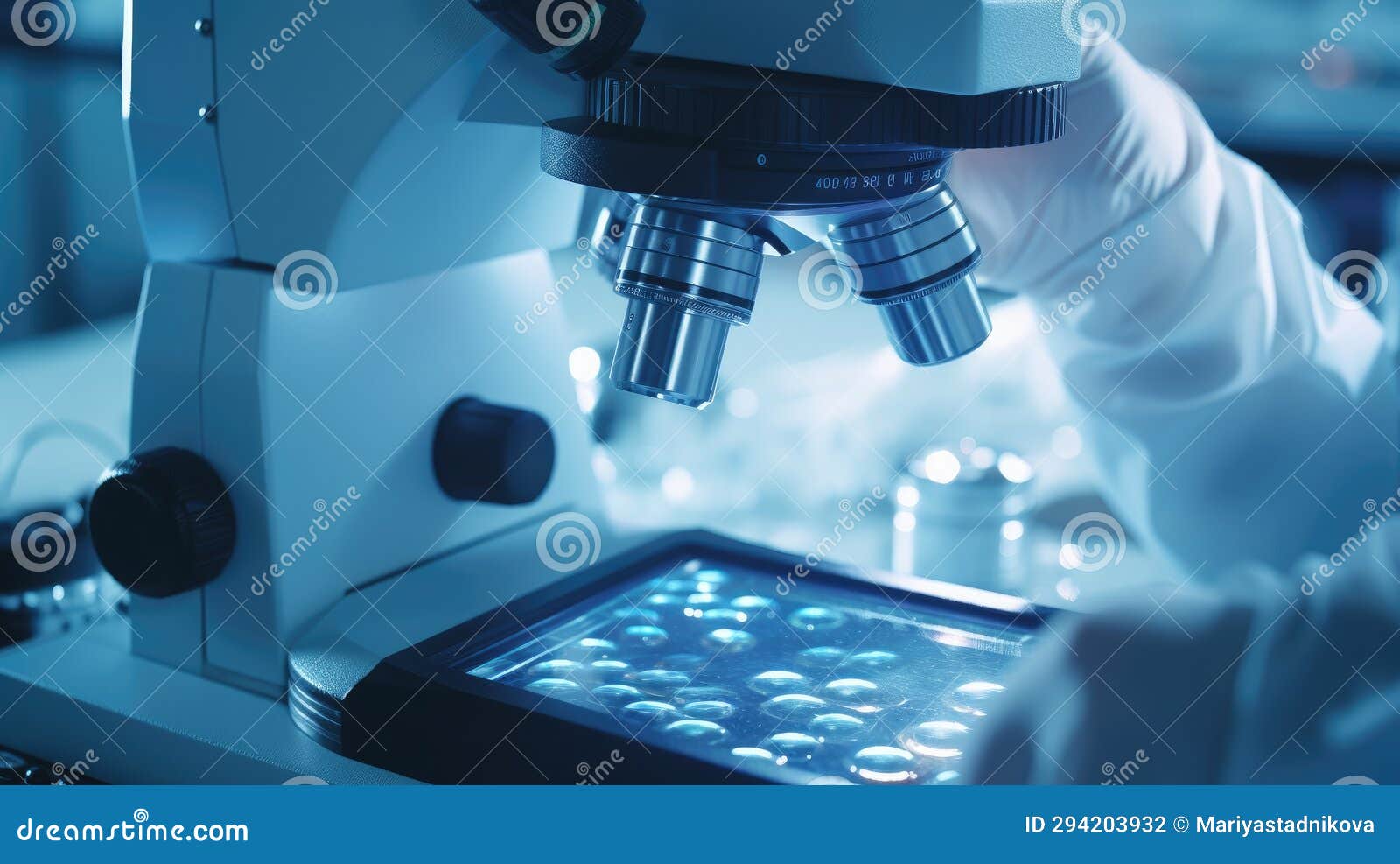 A Scientist Conducts a Research Under a Microscope. a Chemical ...