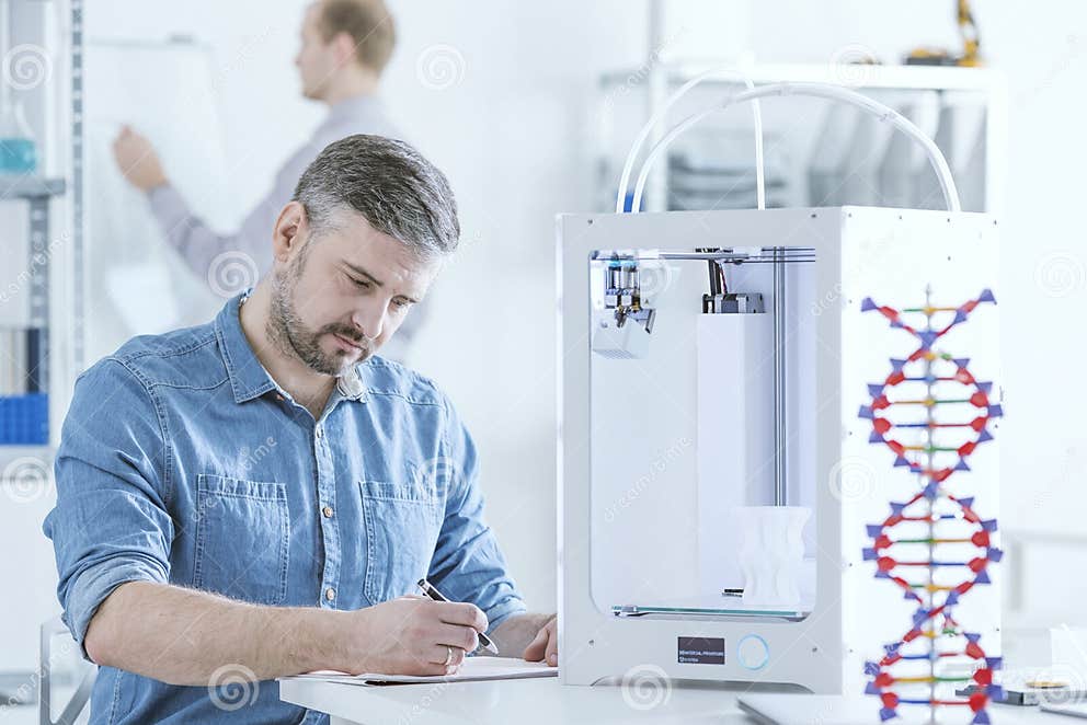 Scientist with 3D printer stock image. Image of research - 86310533