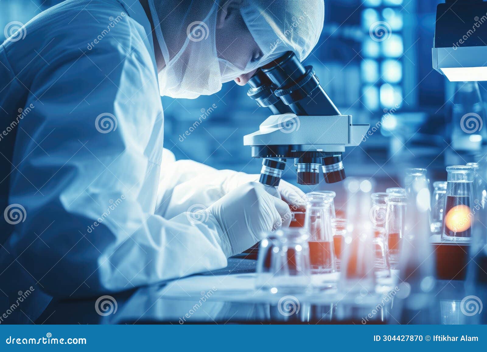 A Scientist Diligently Studies Specimens Using a Microscope in a ...