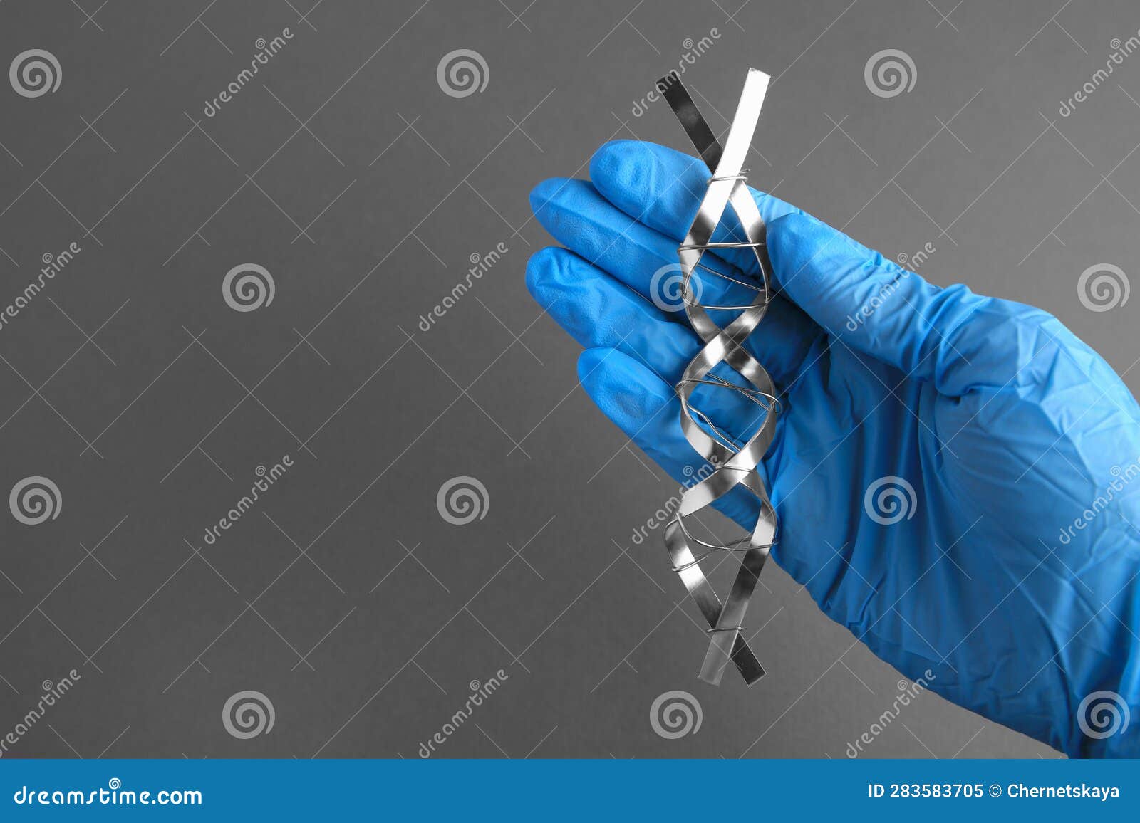 Scientist with DNA Molecular Chain Model Made of Metal on Grey, Closeup ...