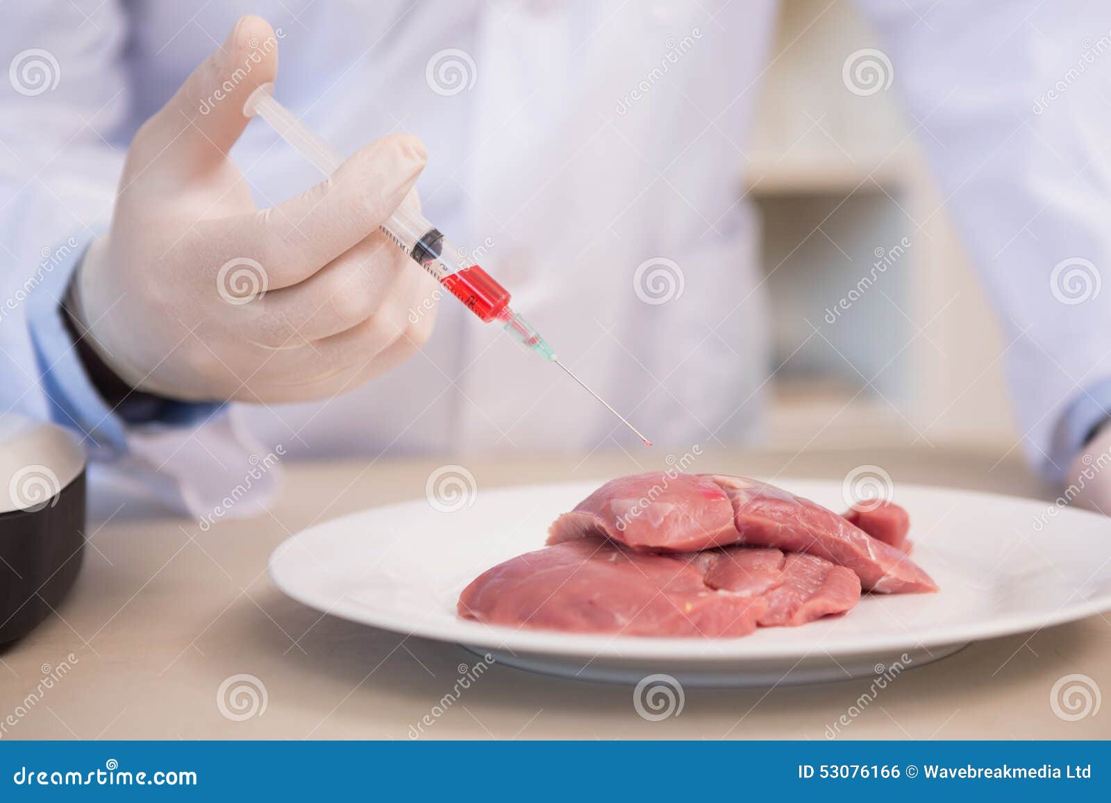 Scientist Doing Injection To Pieces of Meat Stock Photo - Image of ...