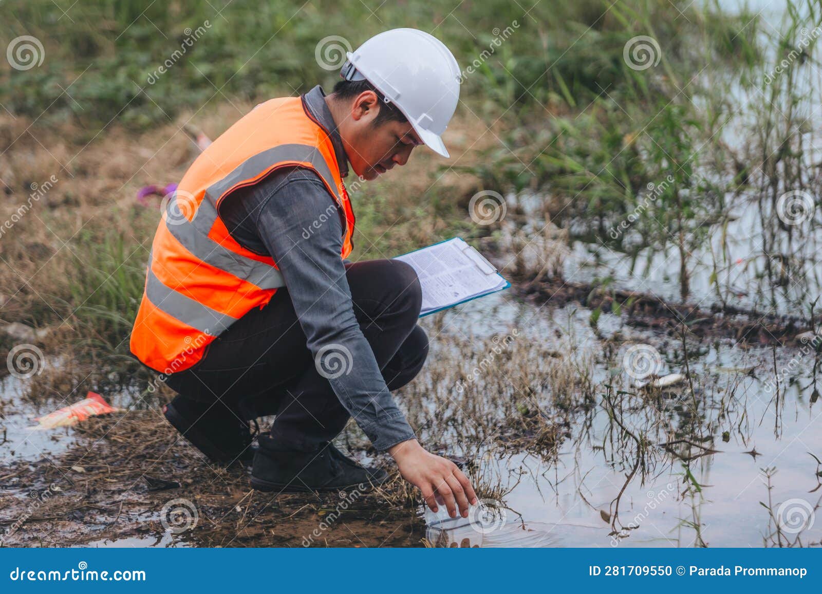 Scientist Ecologist Taking a Water Sample and Reading Ph Value at River ...