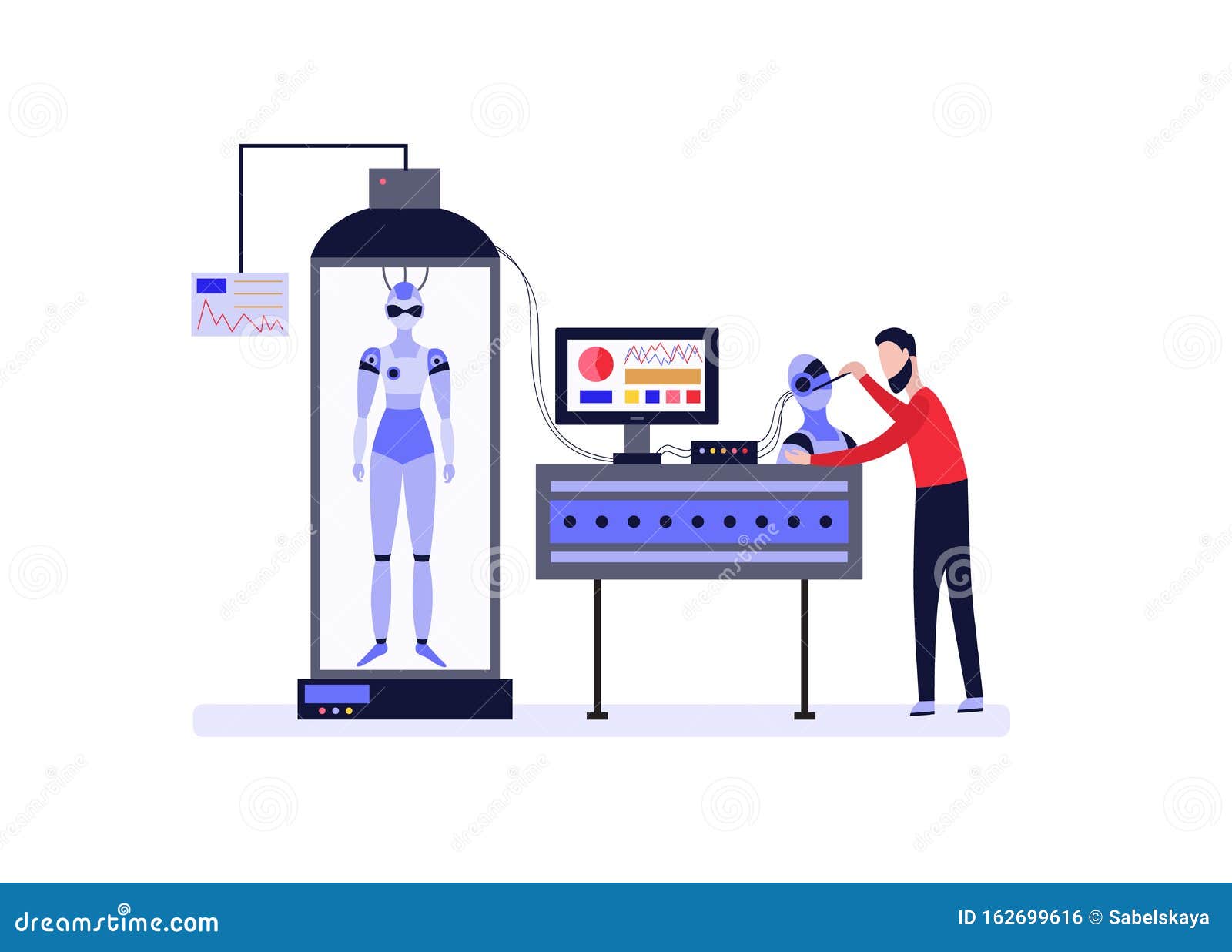 Scientist or Engineer Invents Android Robot, Flat Vector Illustration ...