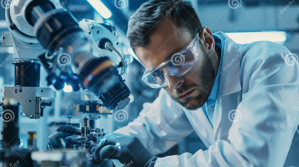 A Scientist or Engineer Programming or Interacting with a Robot ...