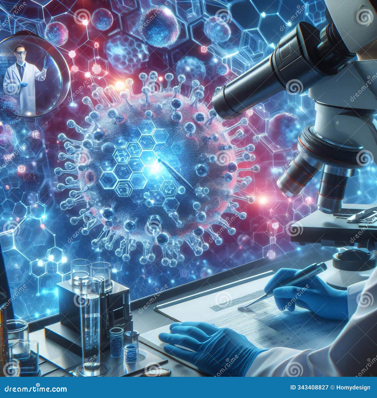 A Scientist Examines Samples Under A Microscope In A Colorful ...