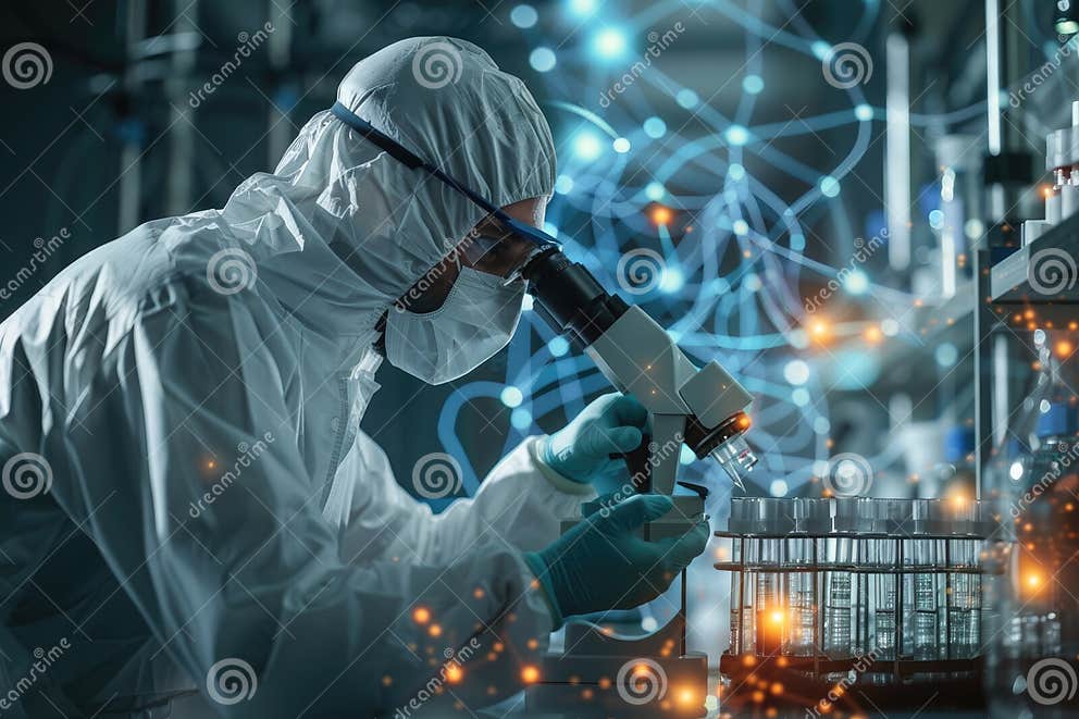 Scientist Examining Sample Under Microscope in Hi-Tech Laboratory with ...