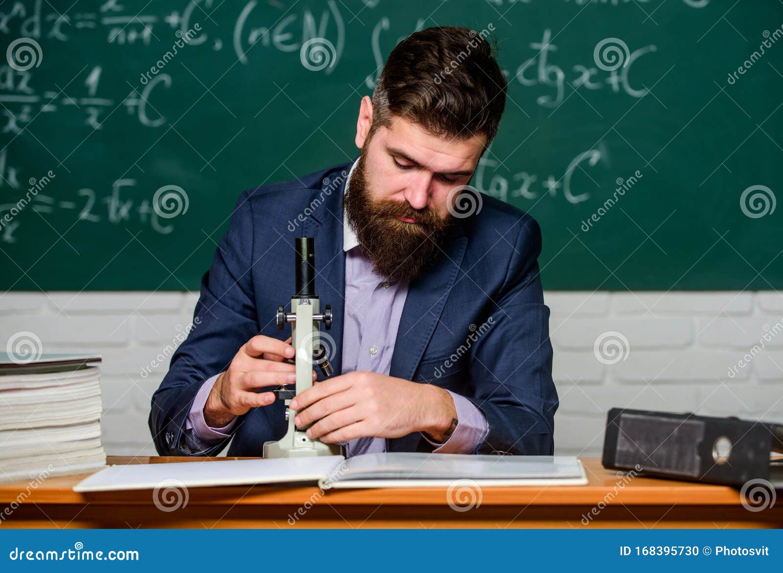 Scientist Exploring. on Way To Success. Teacher Work with Microscope ...