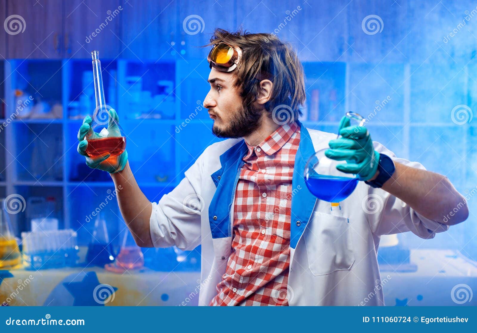 Scientist with Flasks in Lab Stock Photo - Image of crazy, chemistry ...