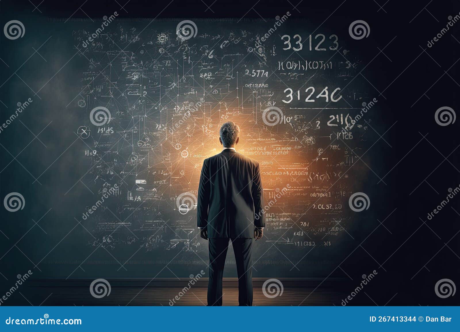 Scientist in Front of a Blackboard with Equations and Problem Solving ...