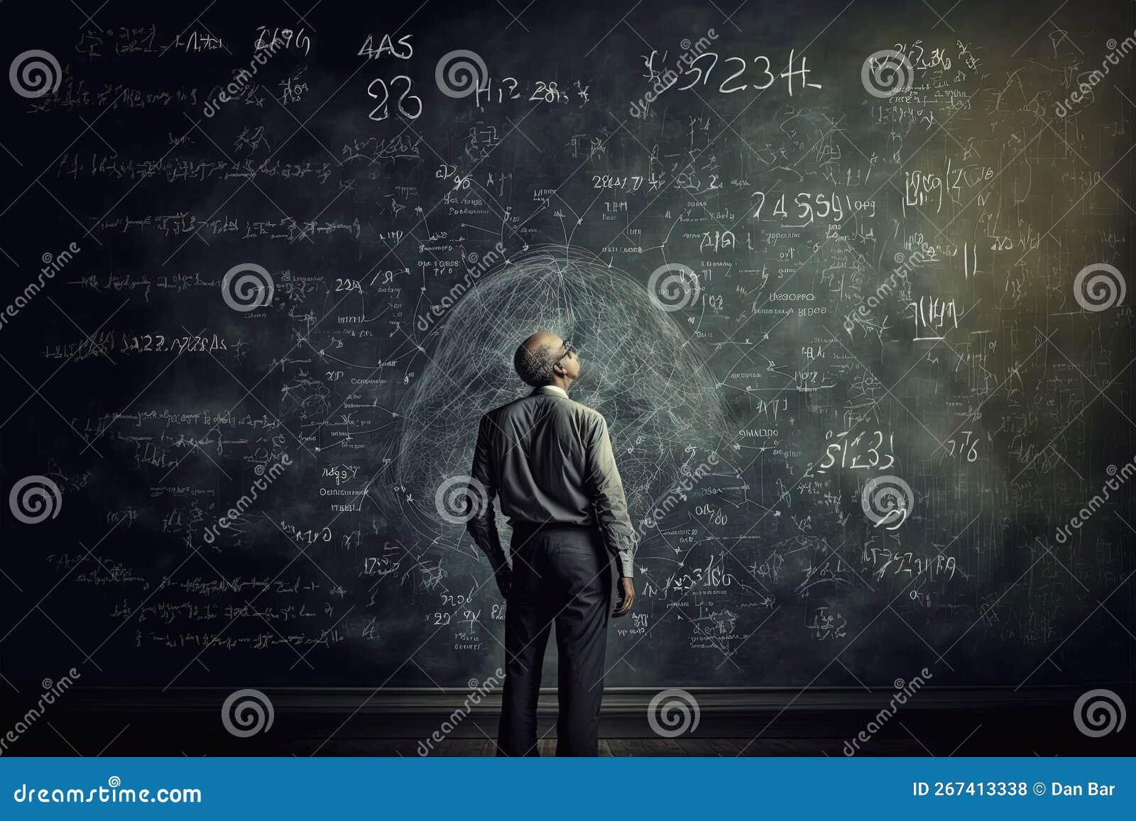 Scientist in Front of a Blackboard with Equations and Problem Solving ...