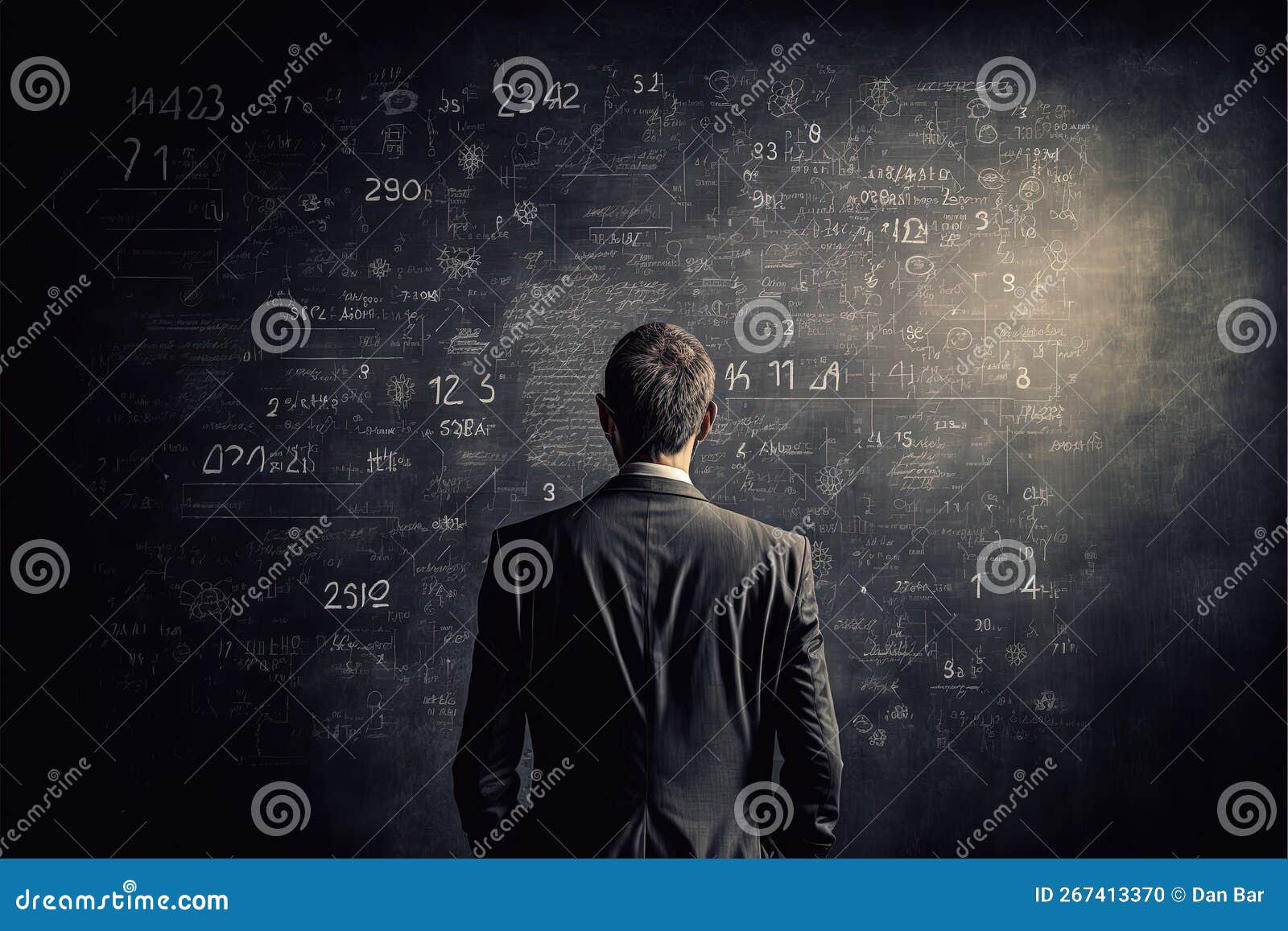 Scientist in Front of a Blackboard with Equations and Problem Solving ...