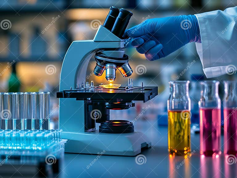 Scientist Hands Placing a Sample Slide Under a Microscope Lens ...