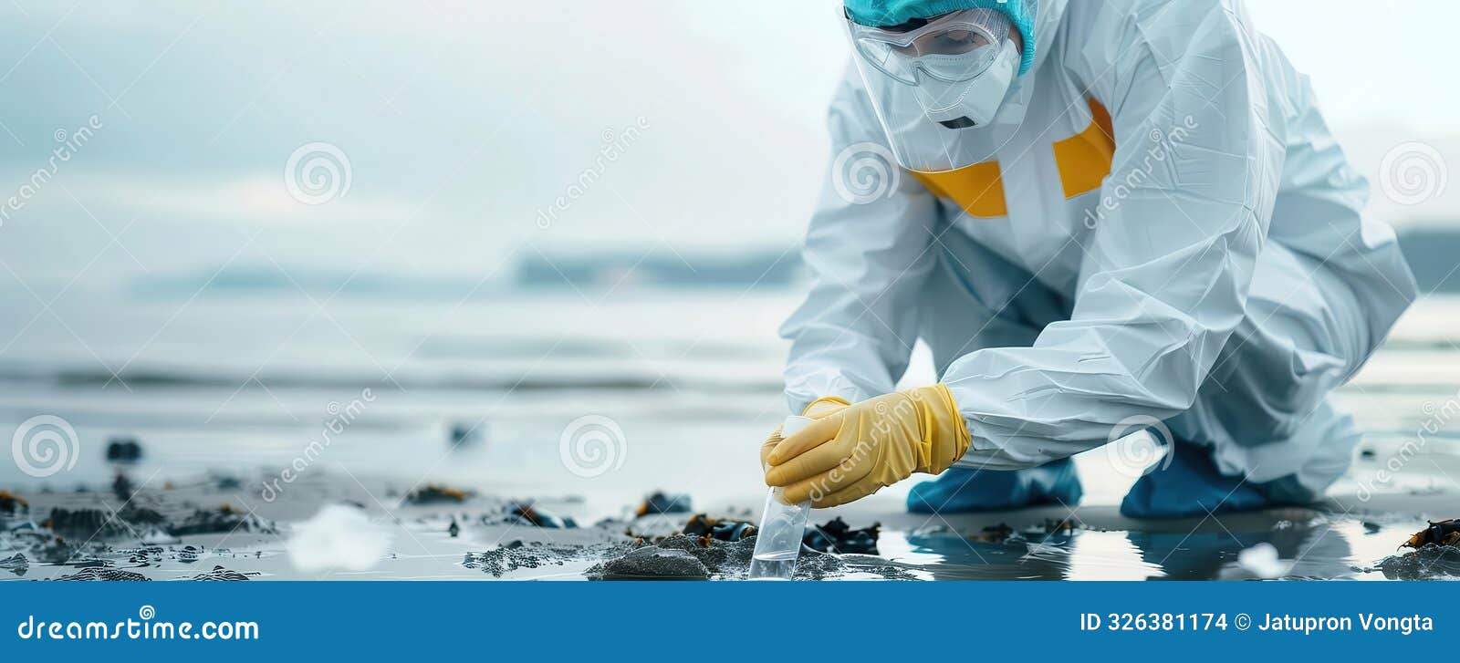 A Scientist in a Hazmat Suit Collects a Water Sample from a Polluted ...