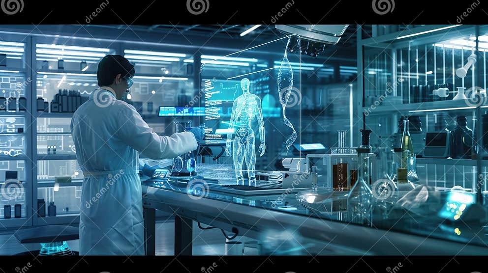 Scientist Collaborating with AI in Futuristic Lab AIG60 Stock Image ...