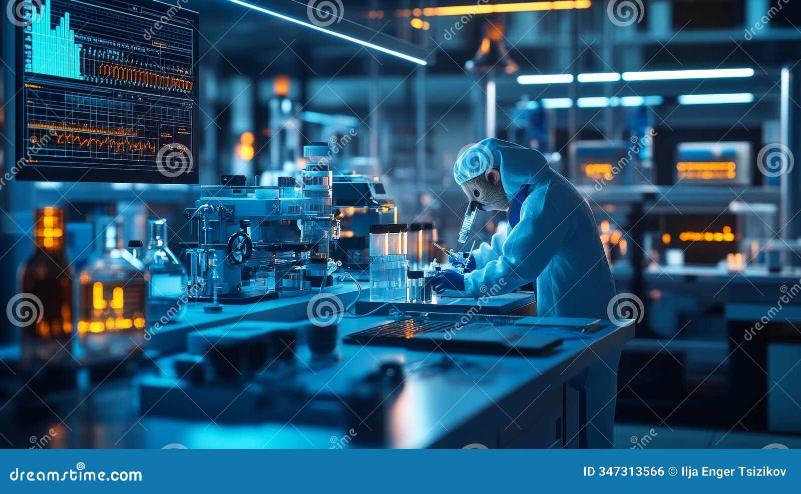 Scientist in High-Tech Laboratory Examining Samples Under Microscope ...