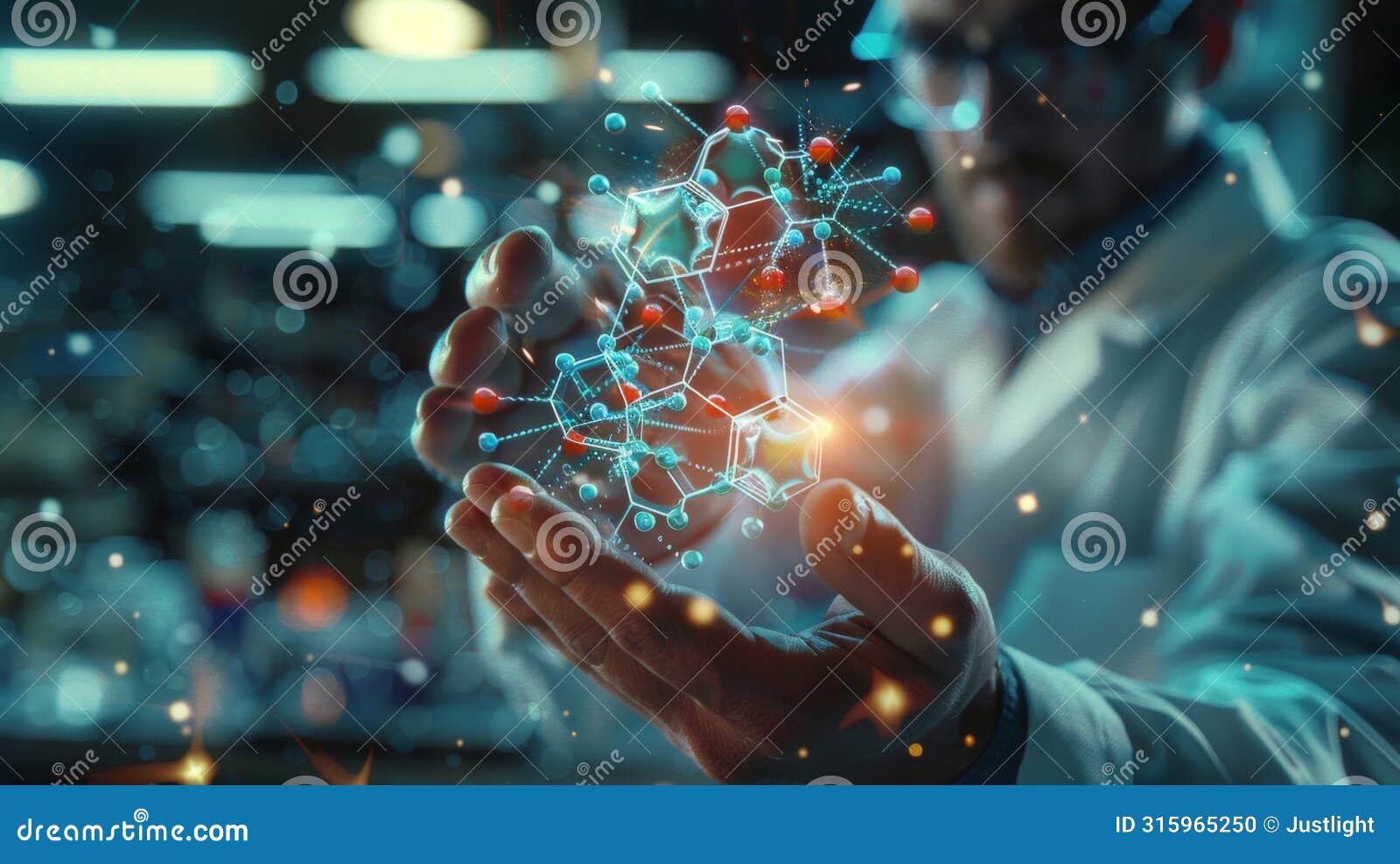 A Scientist Holding A Holographic Figurine Of A Complex Molecule With A ...