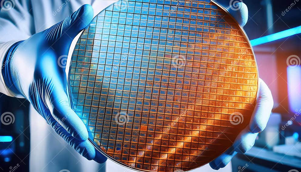 A Scientist Holding a Semiconductor Wafer in a Laboratory Under Bright ...