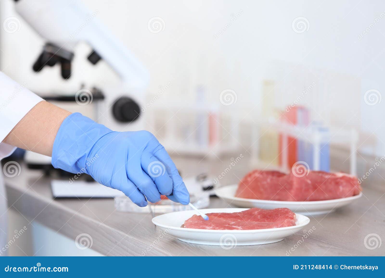 Scientist Inspecting Meat at Table in Laboratory, Closeup. Food Quality ...