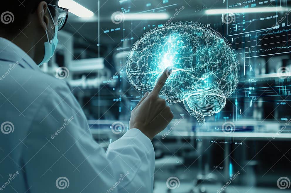 A Scientist Interacts with a Digital Brain Visualization in a Lab ...