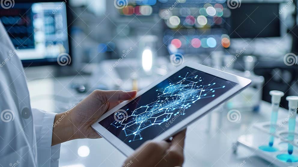 Scientist Analyzing New Battery Materials on Tablet with AI Software in ...