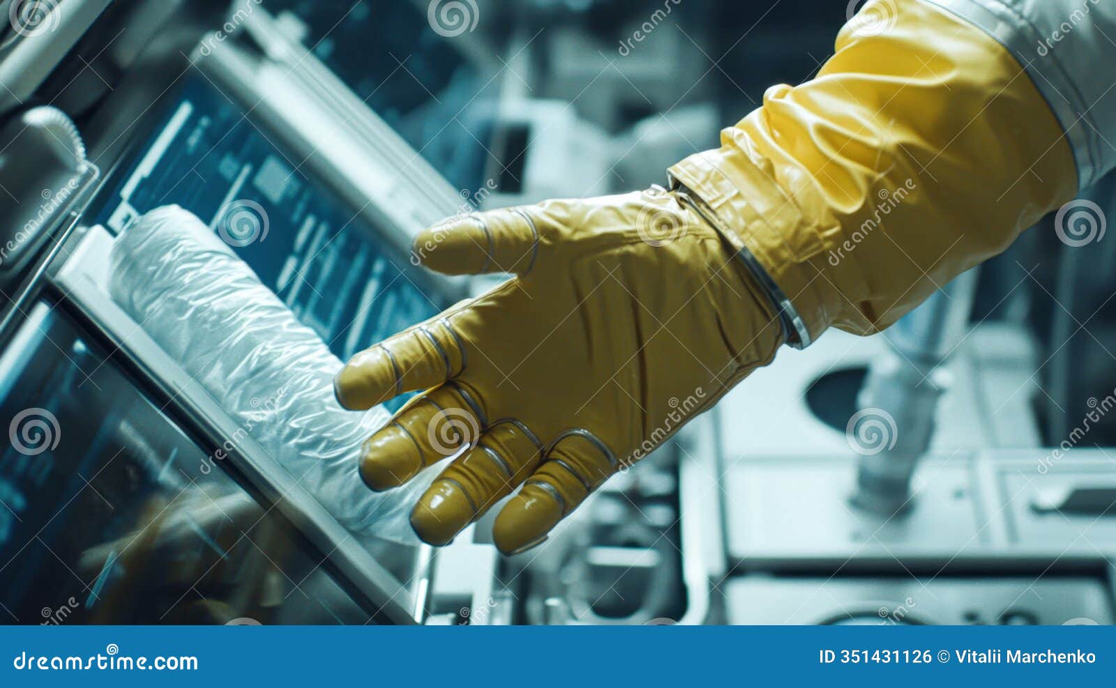 Scientist in Lab Caution Gloves Interacting with Complex Touchscreen ...