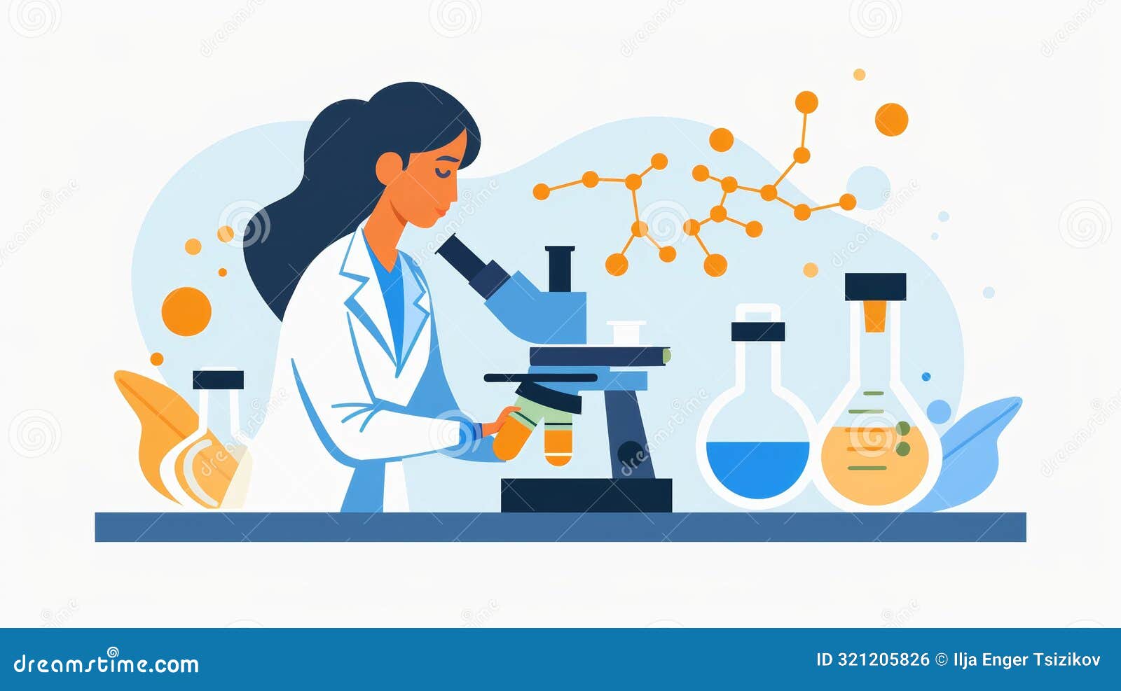 Scientist in Lab Coat Conducting Experiment with Microscope Surrounded ...