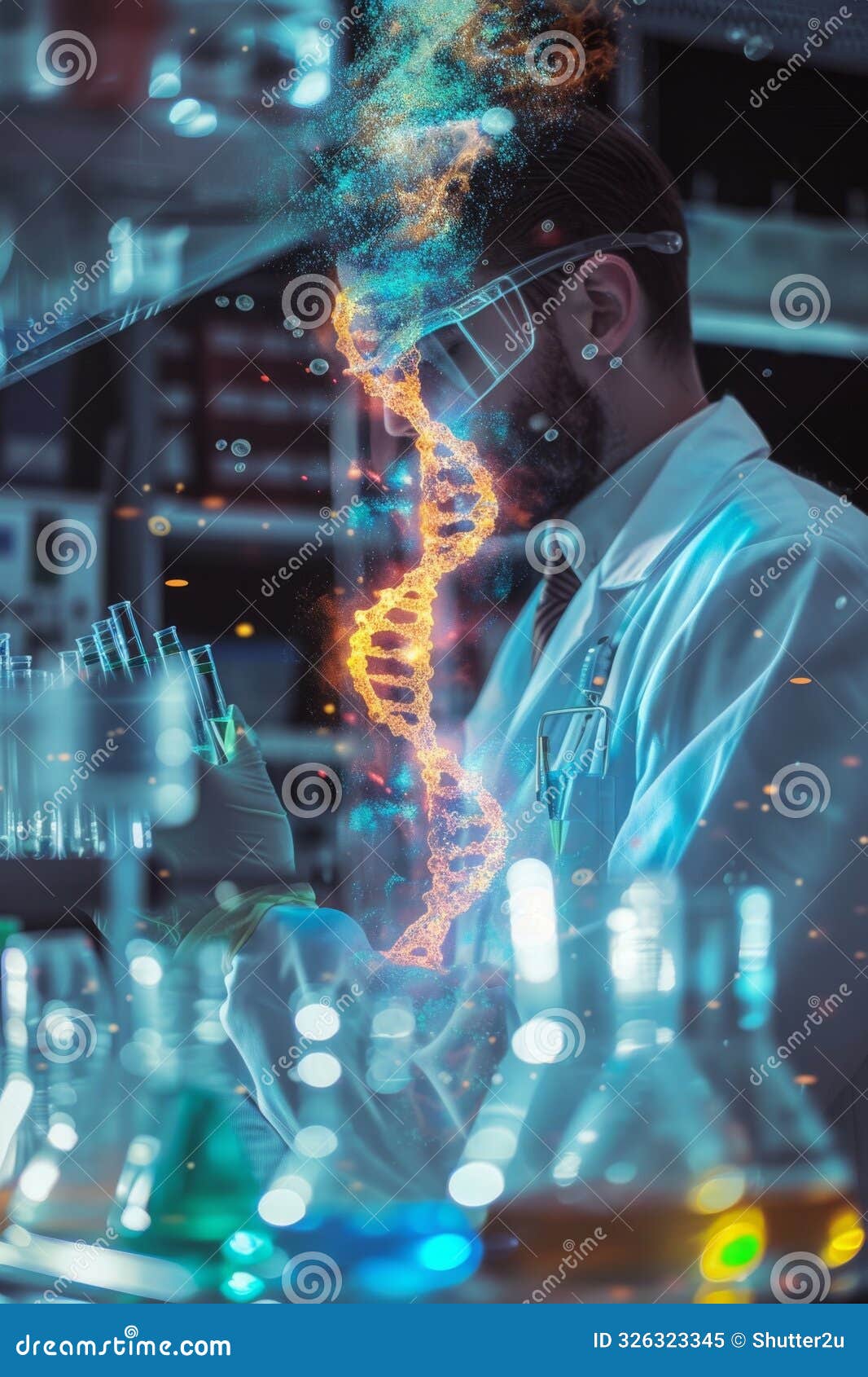 Scientist in a Lab Coat Head Transforming into a DNA Helix and Bubbling ...