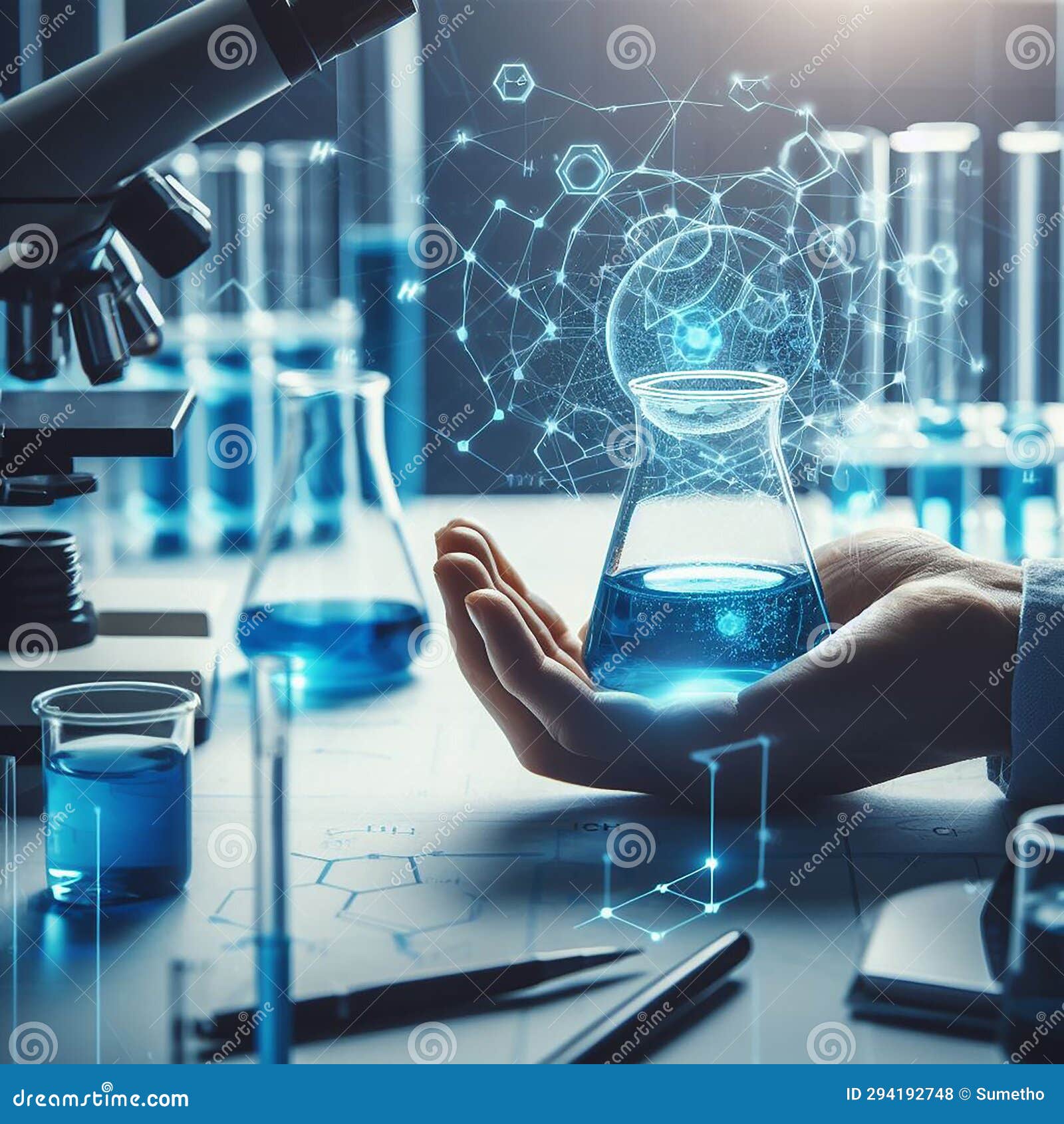 Scientist in Laboratory Focus Analyzing Blue Substance in Beaker on ...