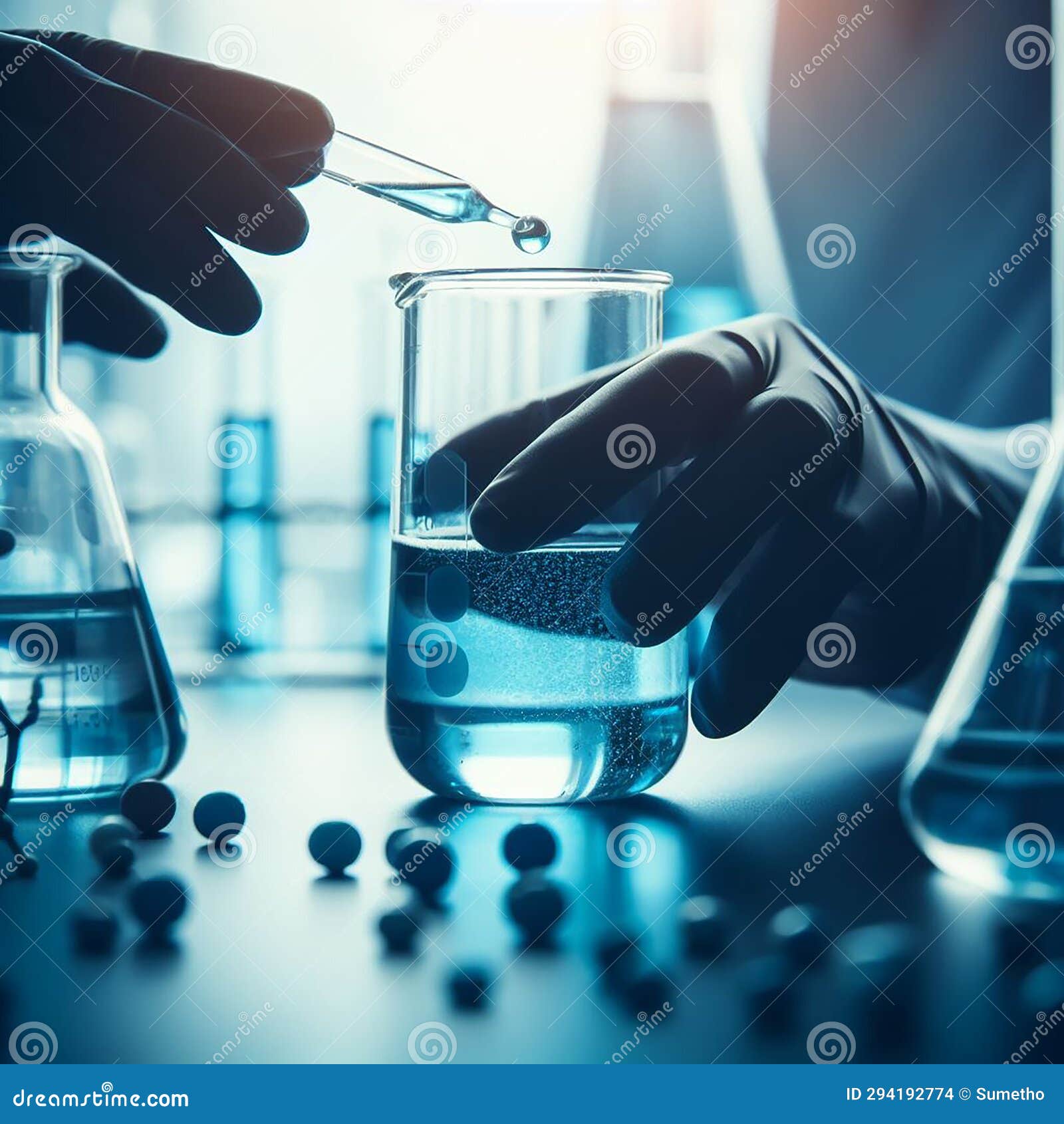 Scientist in Laboratory Focus Analyzing Blue Substance in Beaker on ...