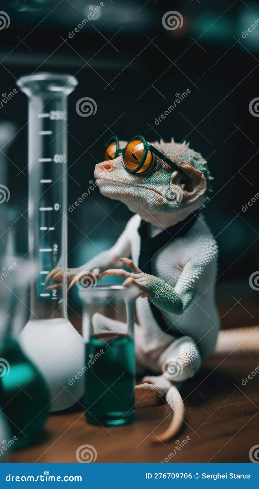 A Scientist Lizard Wearing Glasses Sitting Next To a Beaker Filled with ...