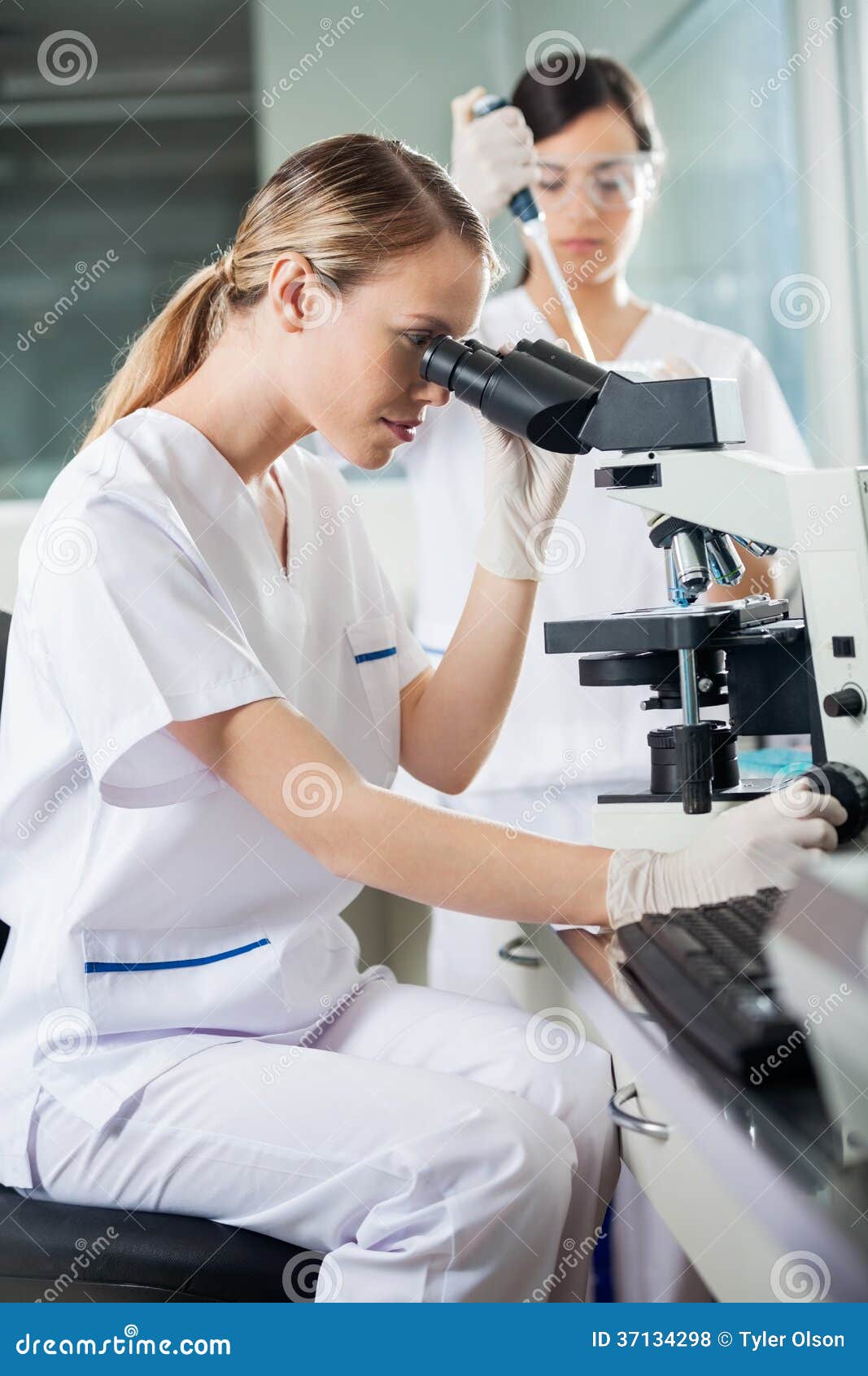 Scientist Looking into Microscope in Lab Stock Photo - Image of girl ...
