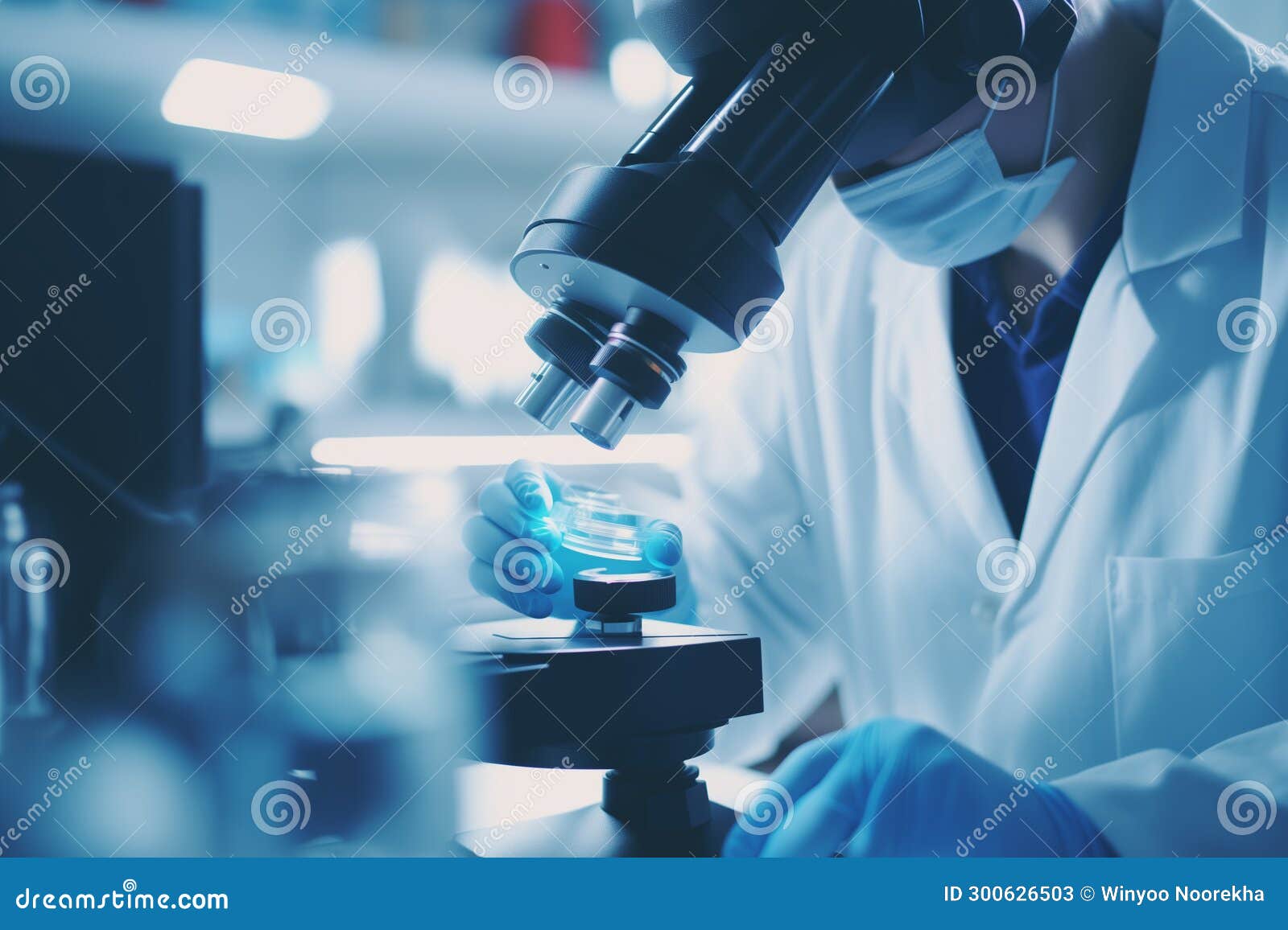 Scientist Looking into Microscope in Research Center, Microbiologist ...