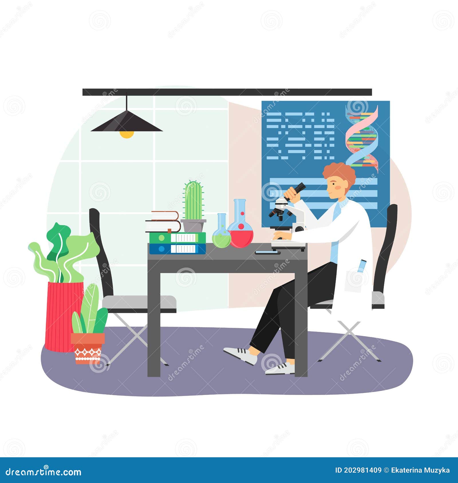 Scientist Male Character Work On Pc In Laboratory Use Scientific ...