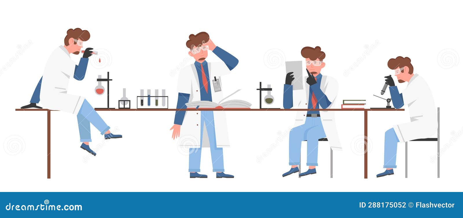 Scientist Man in Different Working Positions Stock Vector ...