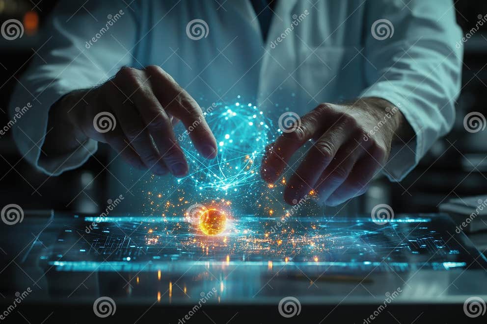 Scientist Manipulating a Holographic Atom Model in a Futuristic Lab ...